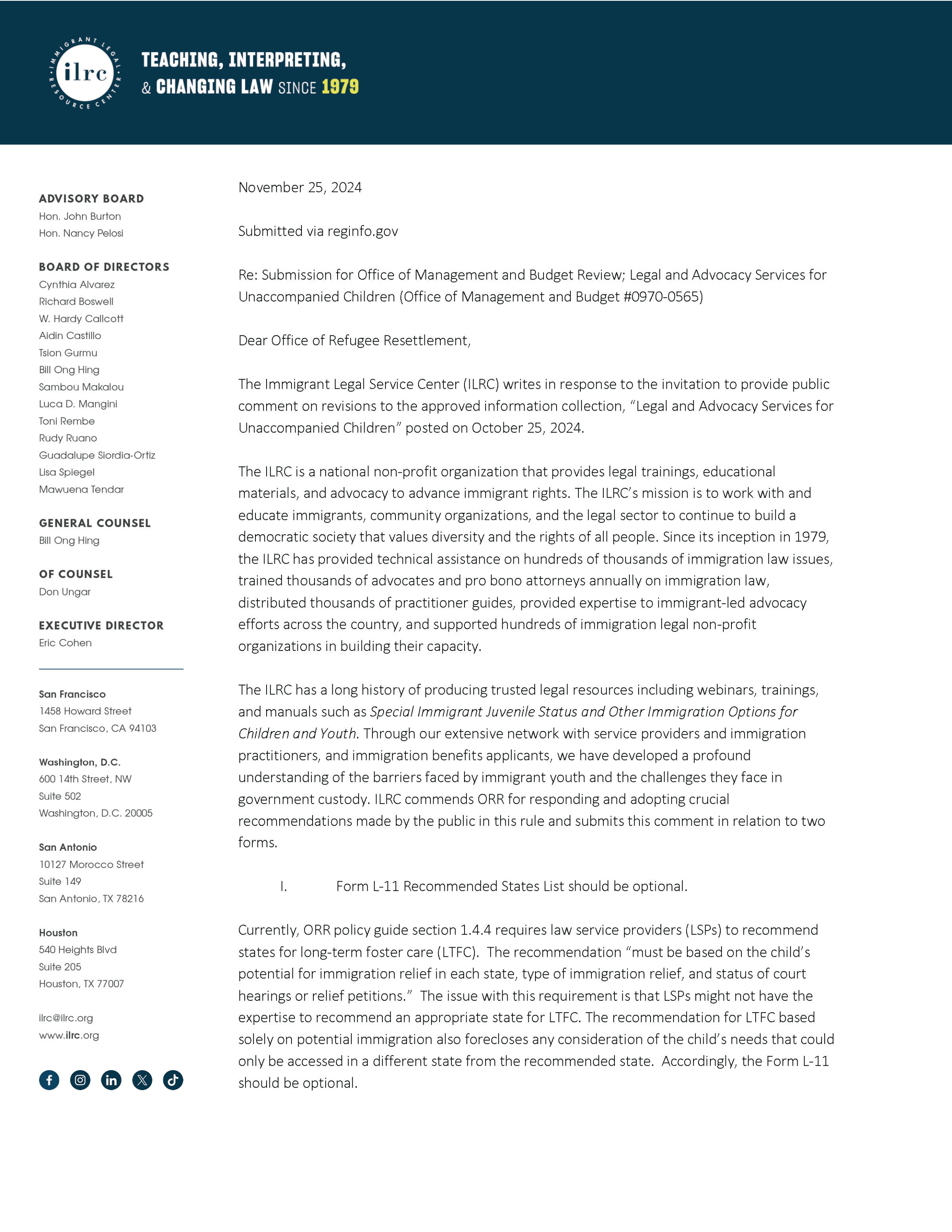 ILRC Comment on Legal and Advocacy Services for Unaccompanied Children | Immigrant Legal ...